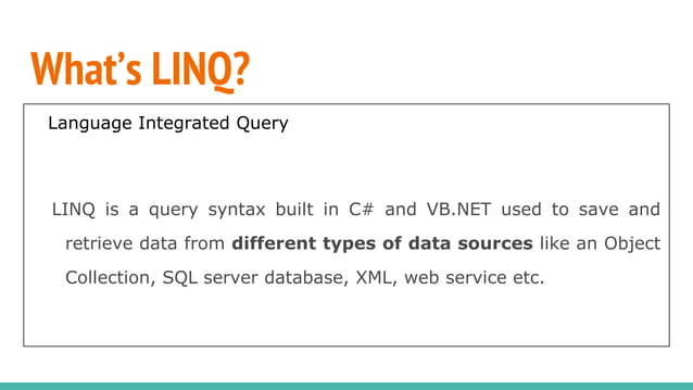 LINQ in C# | PPTX | Databases | Computer Software and Applications