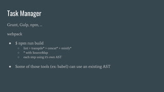 Lint, coverage, doc, autocompletion, transpilation, minification... powered by ast | PPT