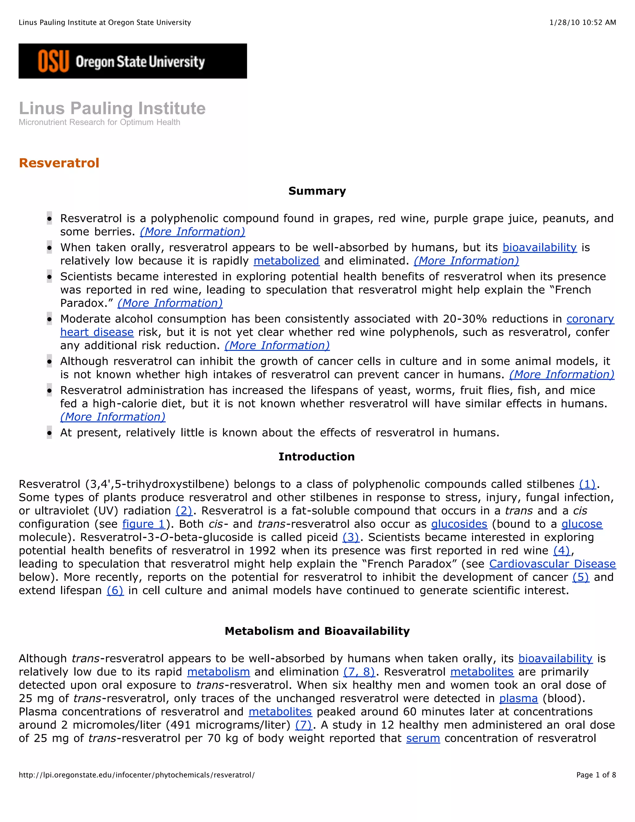 Resveratrol Info - OSU | PDF