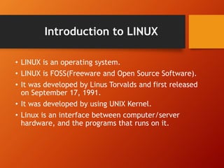 Introduction, Features, Basic Commands and Distribution of LINUX | PPT