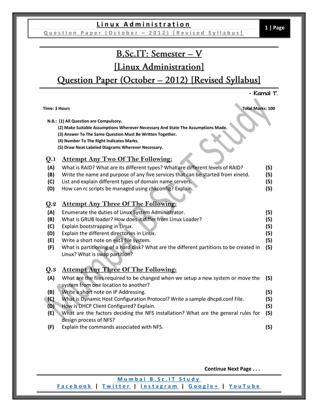 Linux Administration Revised Syllabus [qp October 2012] Pdf