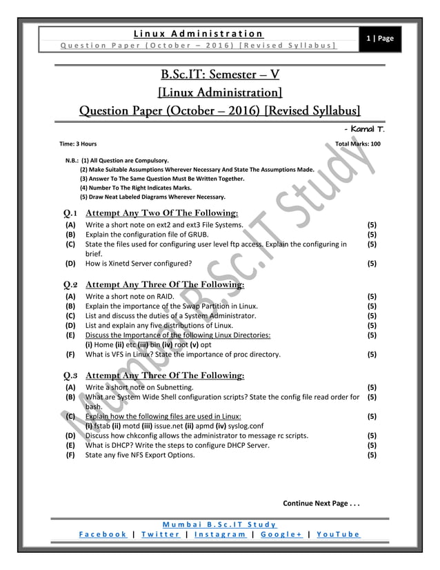 Linux Administration (Revised Syllabus) [QP / October - 2016] | PDF