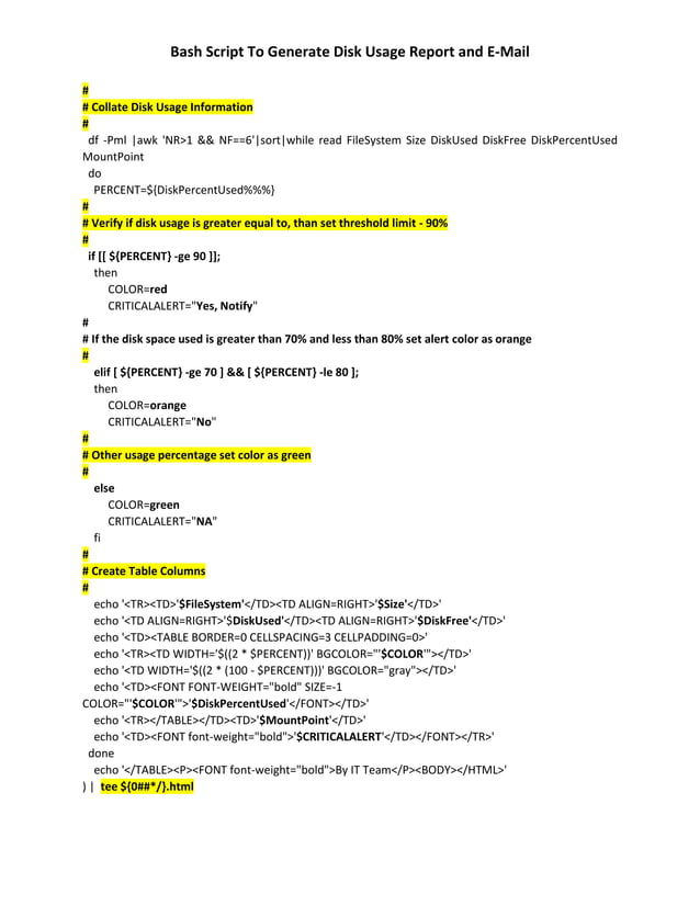 Bash Script Disk Space Utilization Report and EMail | PDF