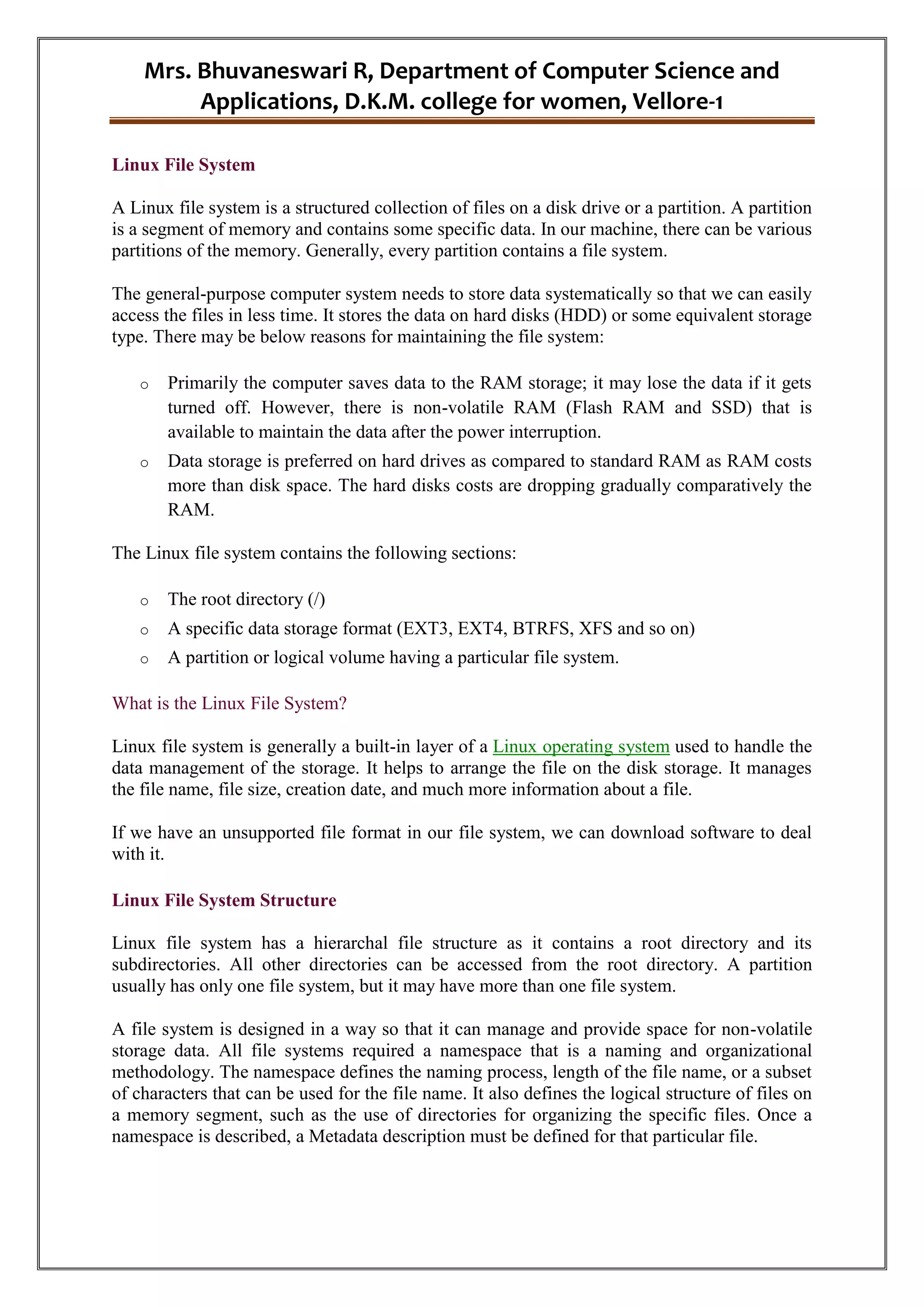 Linux File System.docx | Operating Systems | Computer Software and Applications