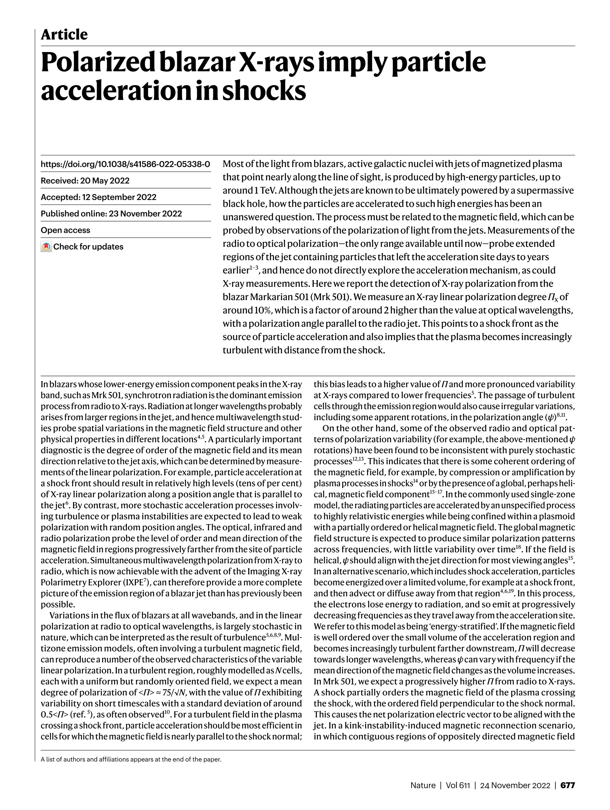 Polarized blazar X-rays imply particle acceleration in shocks | PDF