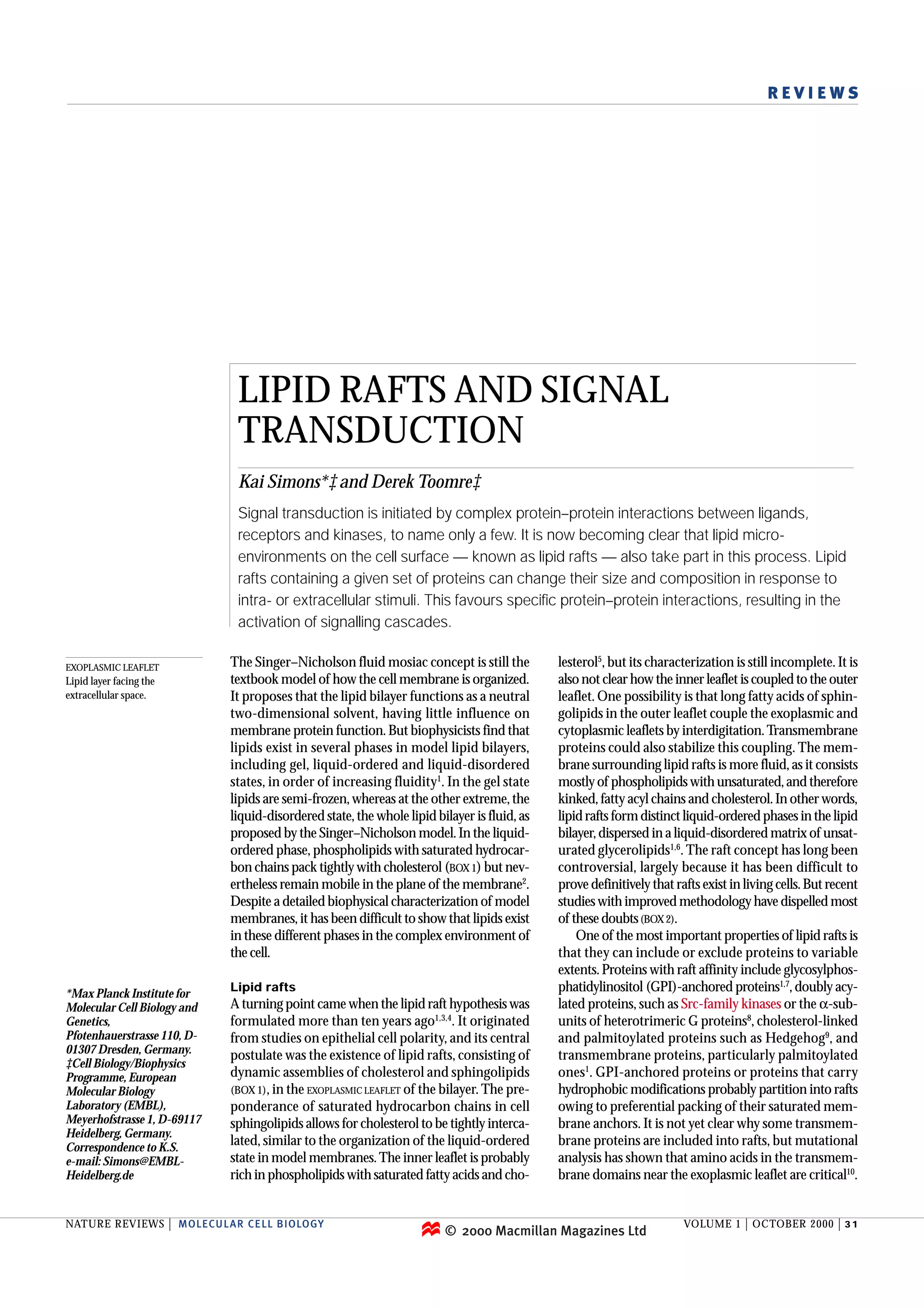 Lipid Rafts Nature Reviews 2000 | PDF | Chemistry | Science