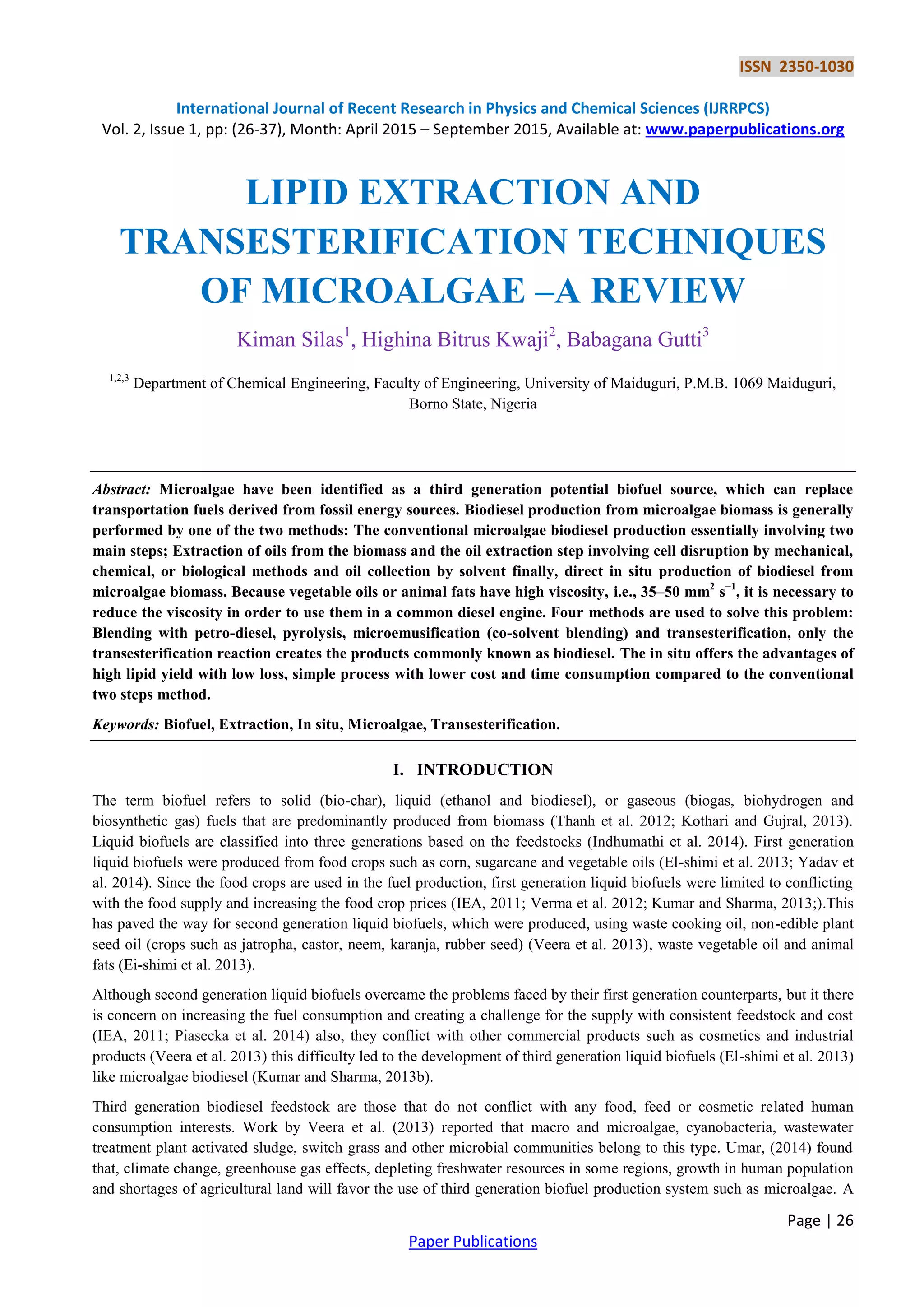 LIPID EXTRACTION AND TRANSESTERIFICATION TECHNIQUES OF MICROALGAE –A REVIEW | PDF