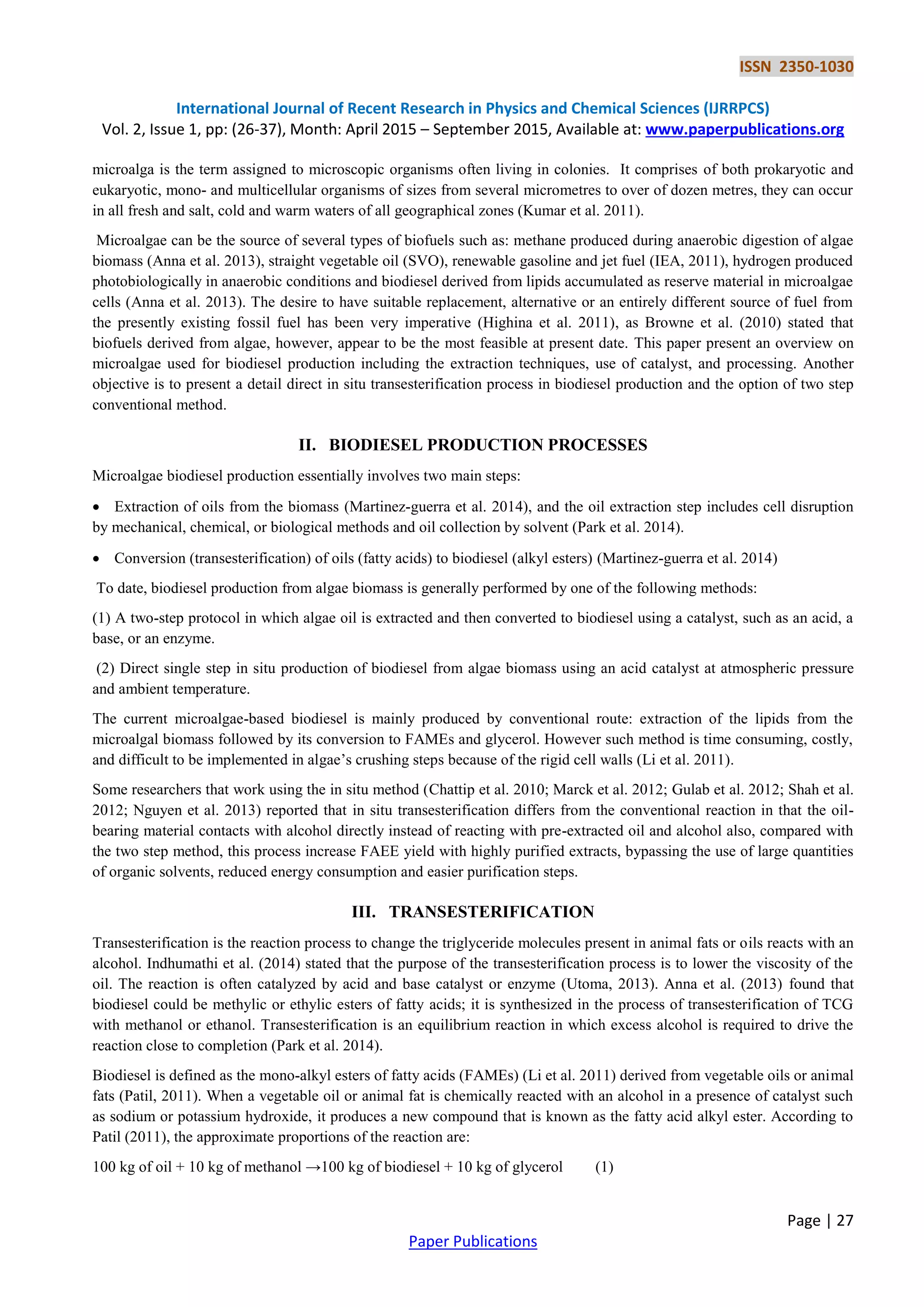 LIPID EXTRACTION AND TRANSESTERIFICATION TECHNIQUES OF MICROALGAE –A ...