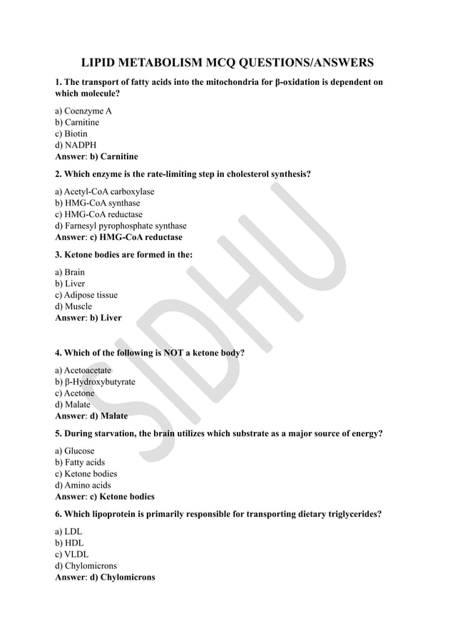 LIPID METABOLISM MCQ QUESTIONS/ ANSWERS pdf | PDF