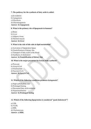 LIPID METABOLISM MCQ QUESTIONS/ ANSWERS pdf | PDF