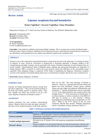 Lipoma: neoplasm beyond boundaries Ketan Vagholkar*, Suvarna Vagholkar ...