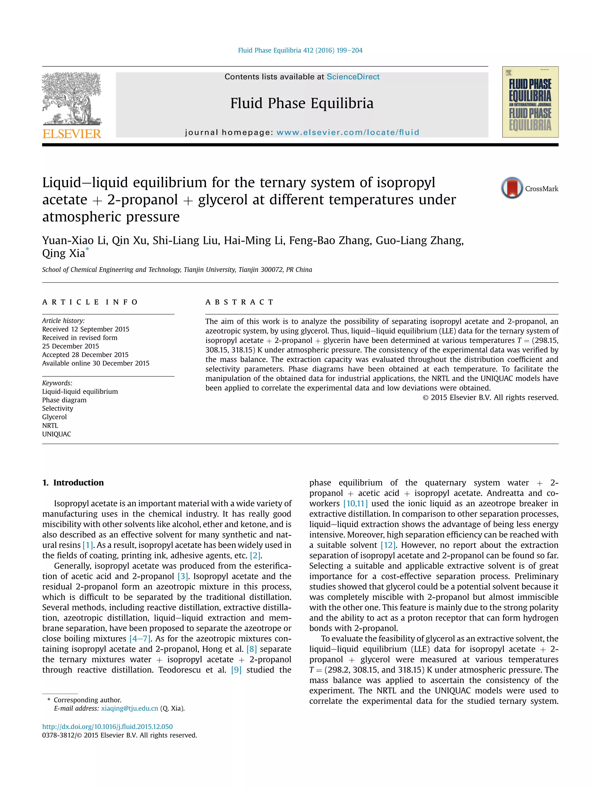 Liquid liquid equilibrium for the ternary system of isopropyl acetate 2 ...