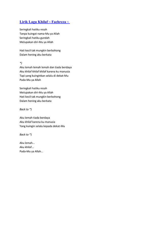 Lirik lagu nasyid " khilaf " | PDF