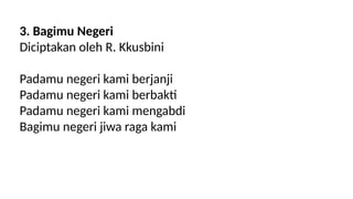 LIRIK LAGU NASIONAL (Indonesia Raya, Bagimu Negeri, dll) | PPTX