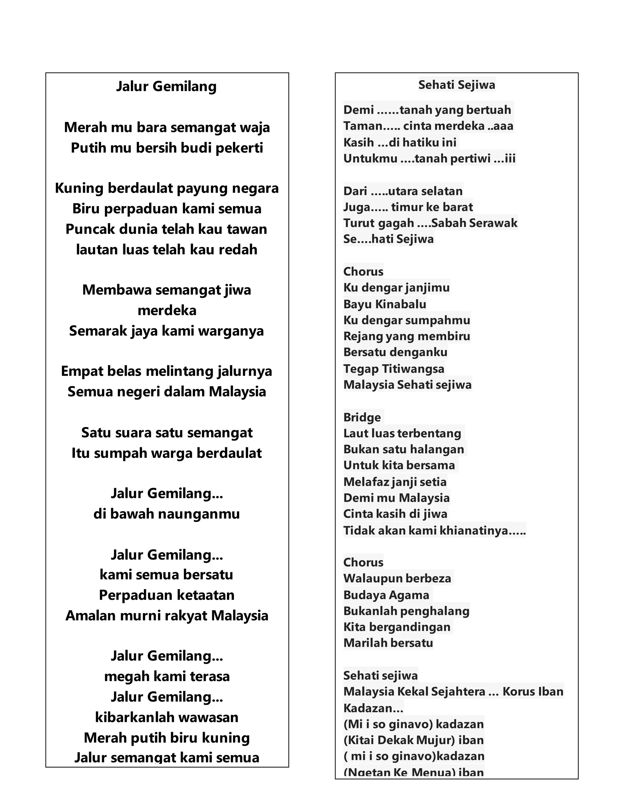 Lirik sehati sejiwa dan jalur gemilang | DOCX