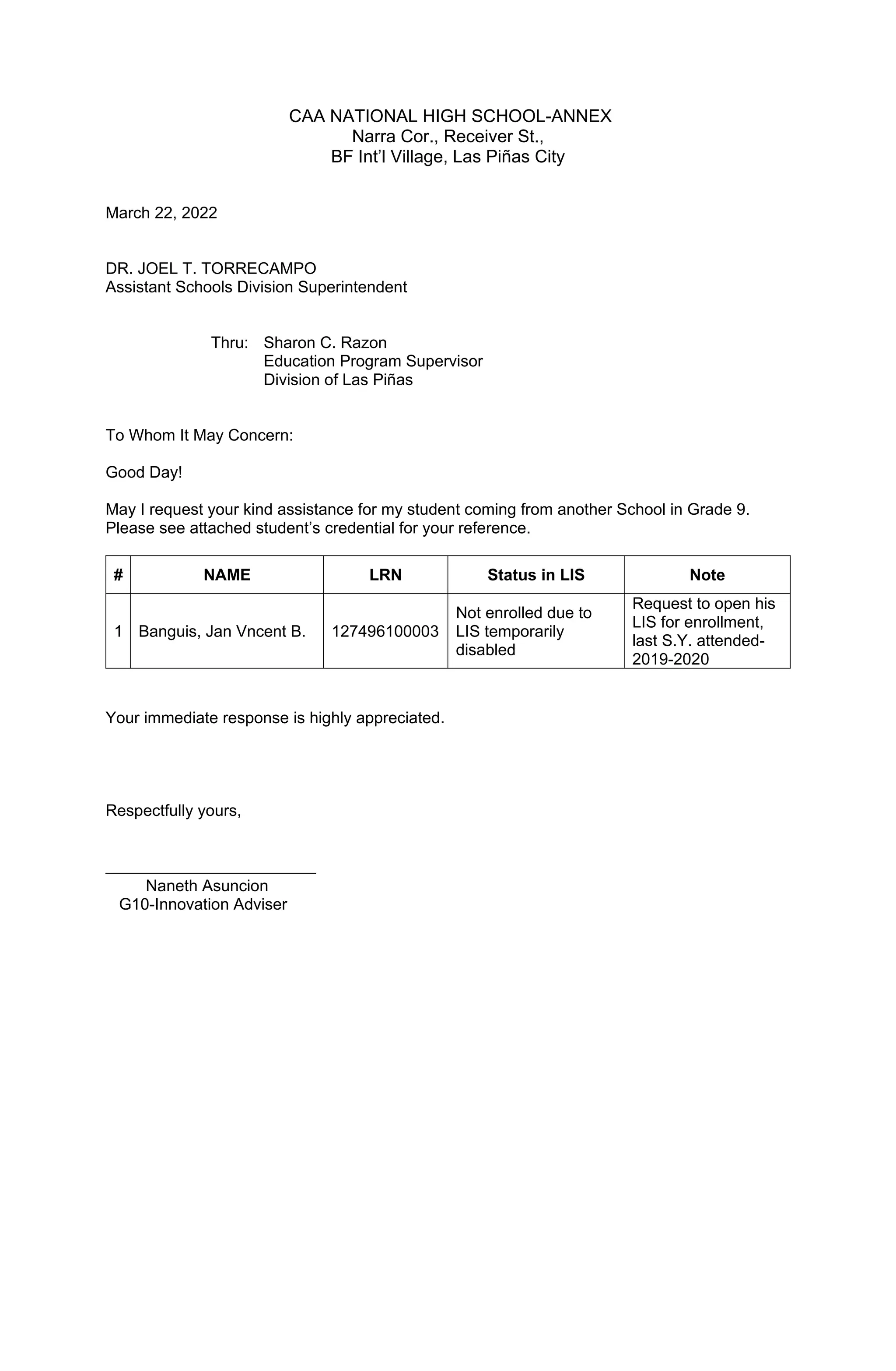 LIS-pending-request-letter. for form 137 docx | DOCX