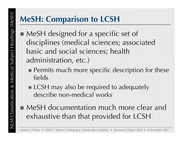 LIS417: NLM Classification and MeSH