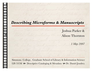 LIS531M: Cataloging Microforms & Manuscripts | PDF
