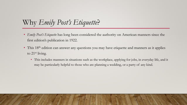 LIS 704: Ready Reference Instruction for Emily Post's Etiquette | PPT