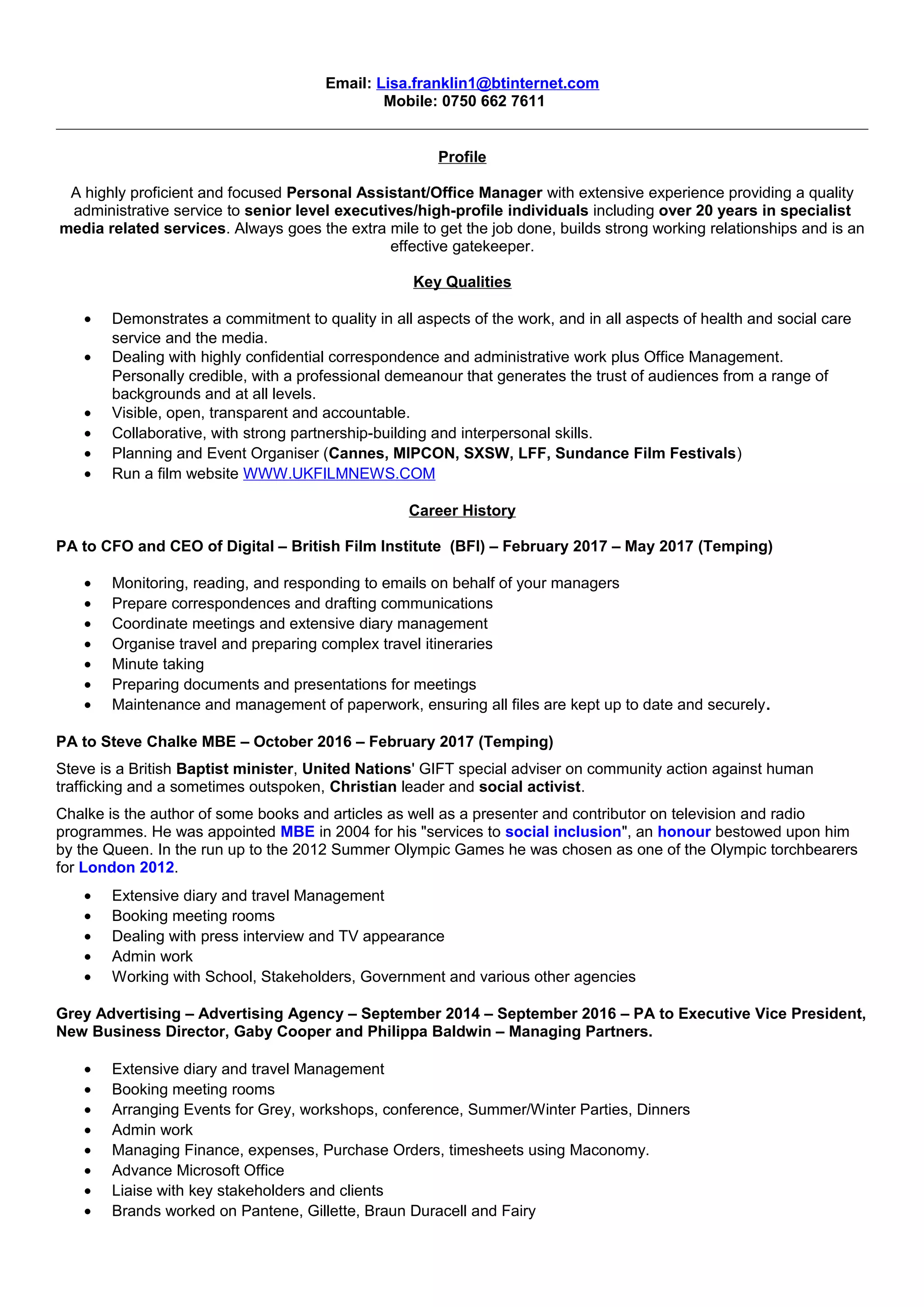 Lisa franklin cv april 2017 | PDF