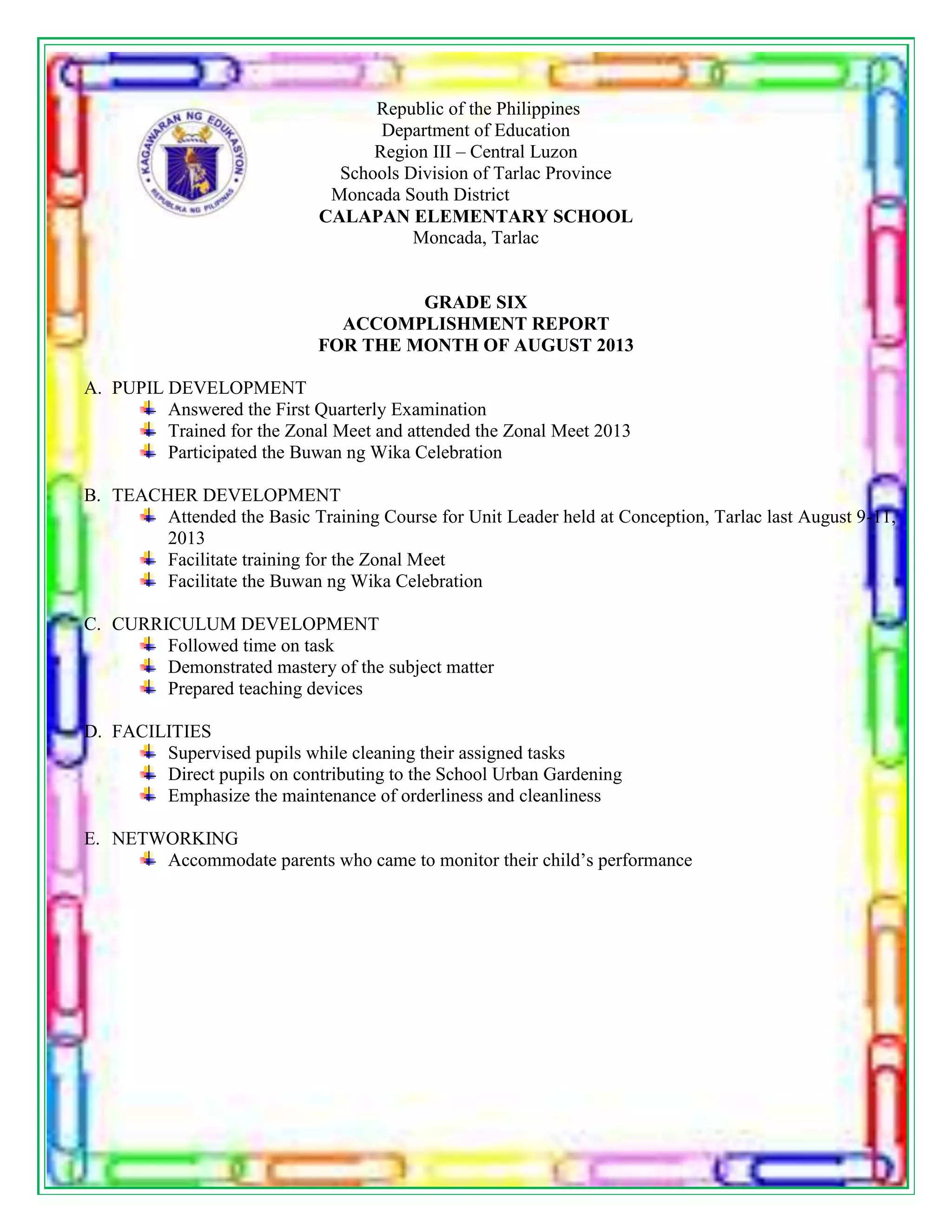 school accomplishment report per month | DOCX