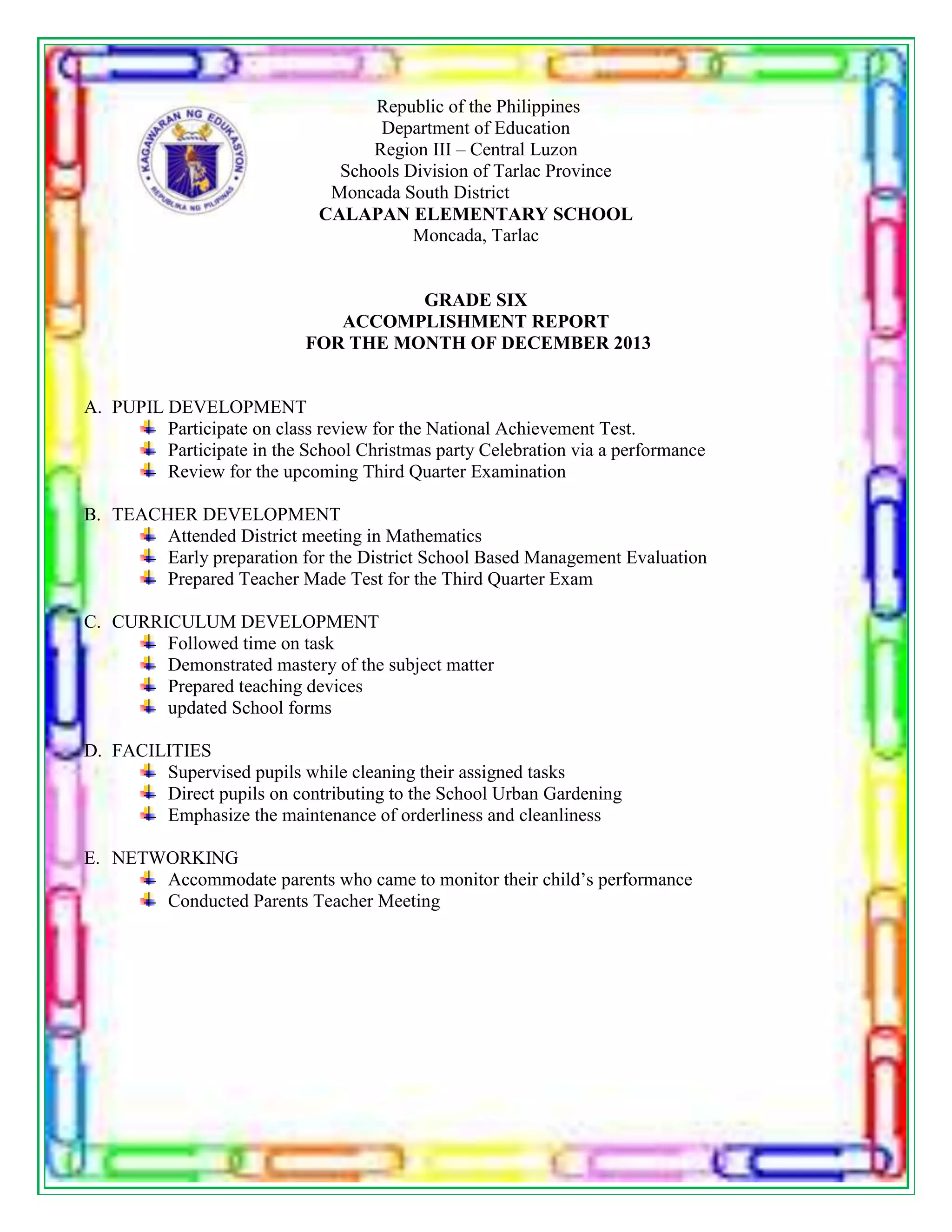 school accomplishment report per month | DOCX