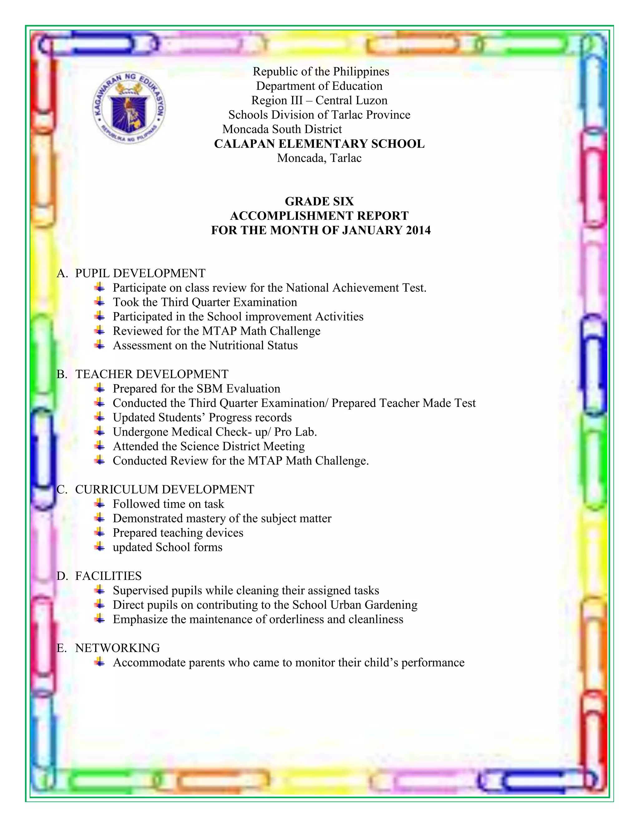 school accomplishment report per month | DOCX