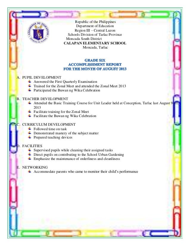 School Accomplishment Report Per Month School Accomplishment Report Per Month
