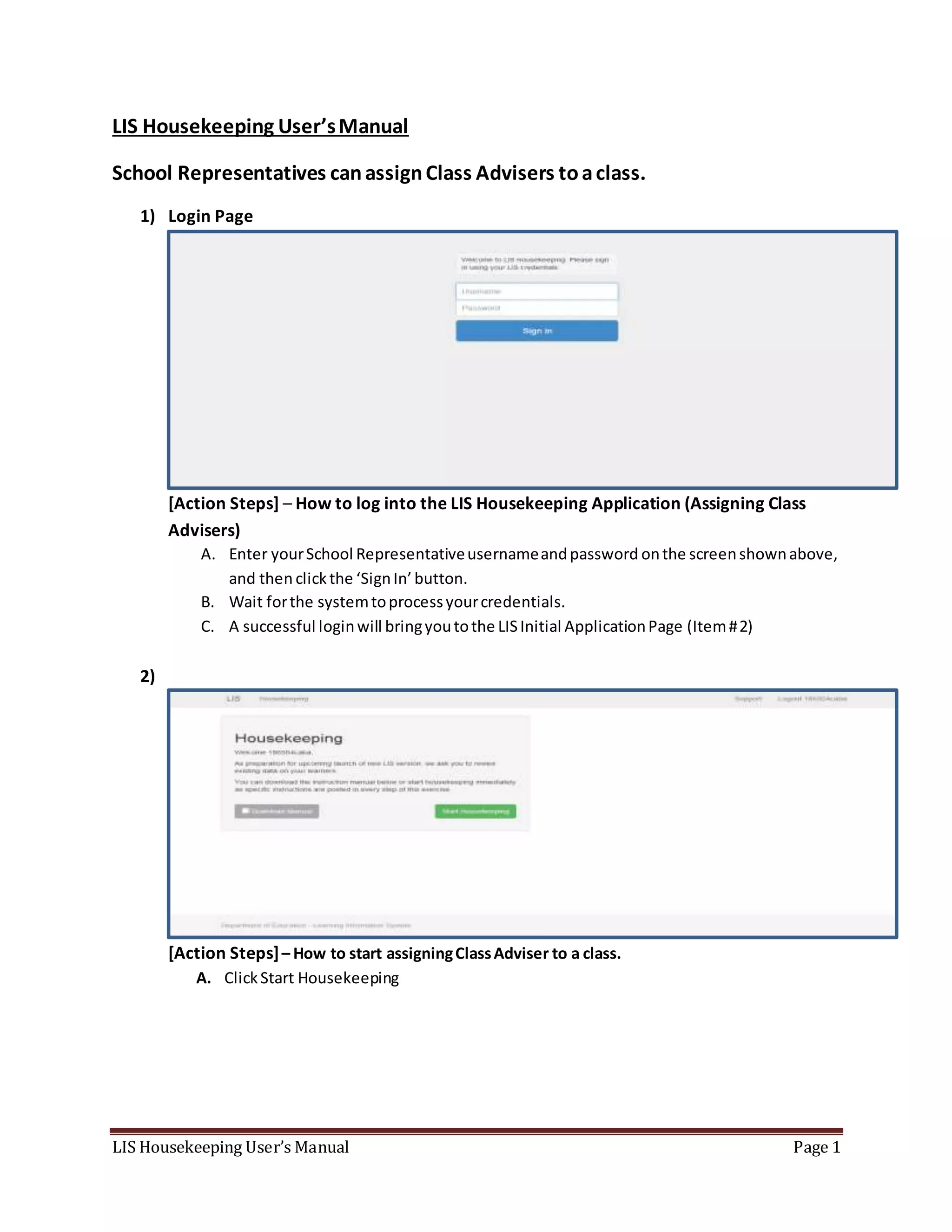 Lis housekeeping users manual how to assign class advisers to a class 1 ...