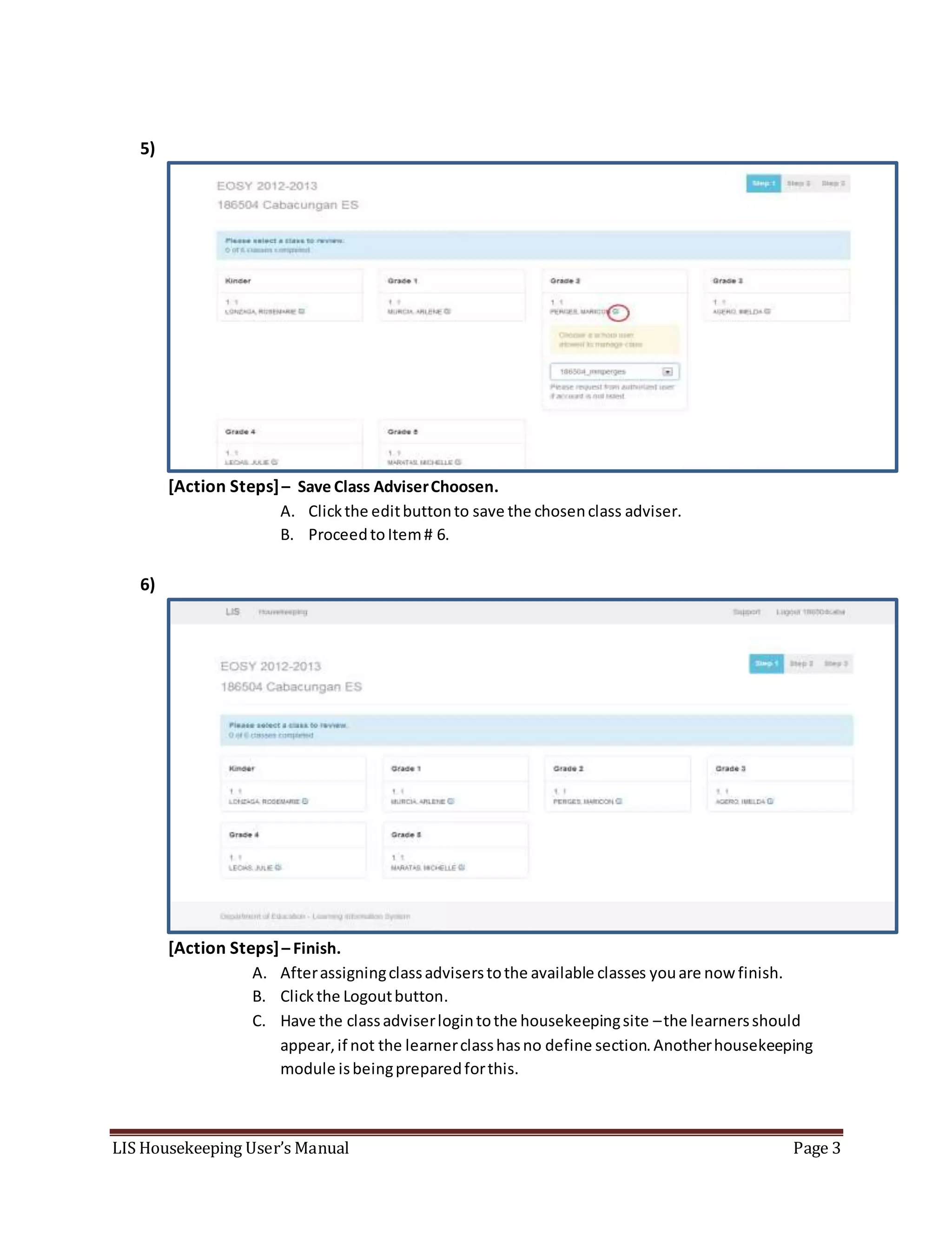 Lis housekeeping users manual how to assign class advisers to a class 1 ...