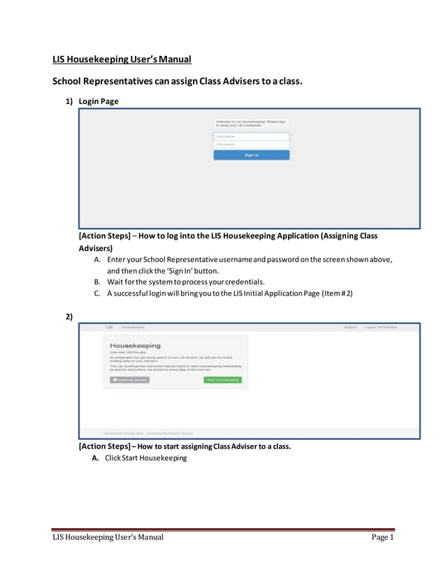 Lis housekeeping users manual how to assign class advisers to a class 1.1 | PDF