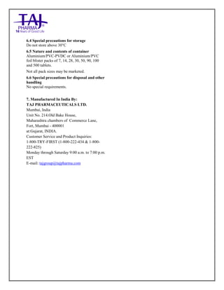 Lisinopril Tablets USP Taj Pharma SmPC | PDF