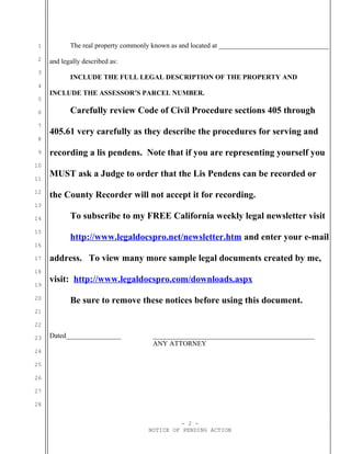 Sample California Lis pendens or notice of pending action | DOC