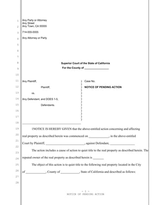 Sample California Lis pendens or notice of pending action