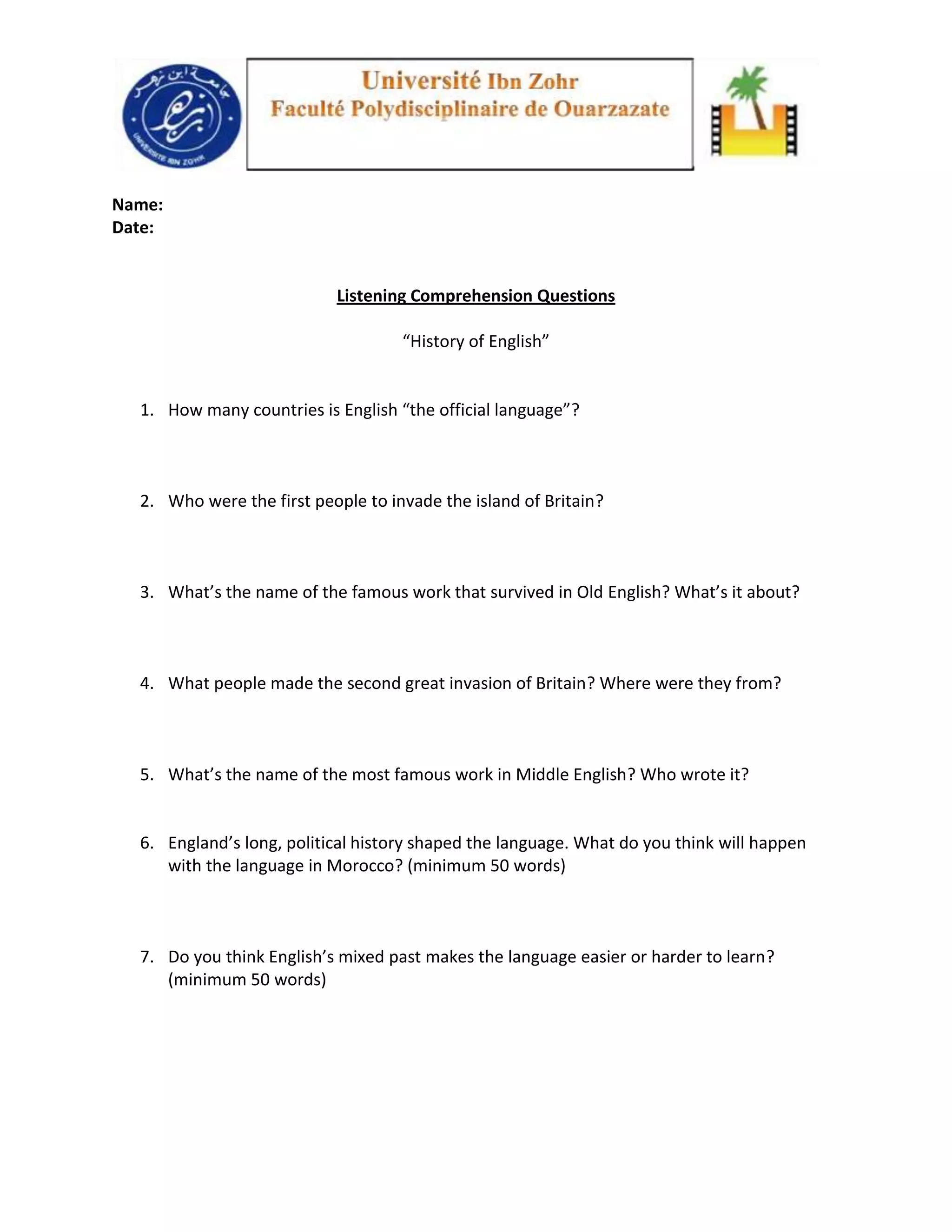 List. comp. questions history of english | DOCX