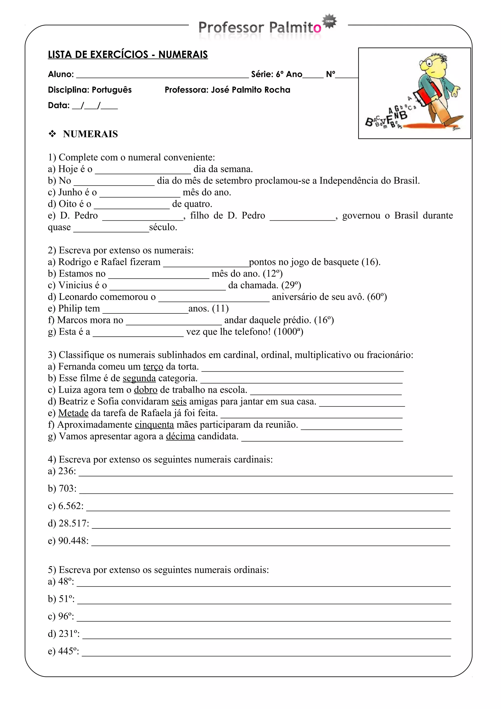 Lista de exercícios numerais | PDF