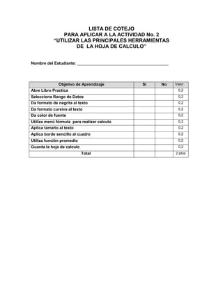 Lista de-cotejo-actividad-2-uso-de-herramientas-excel | PDF