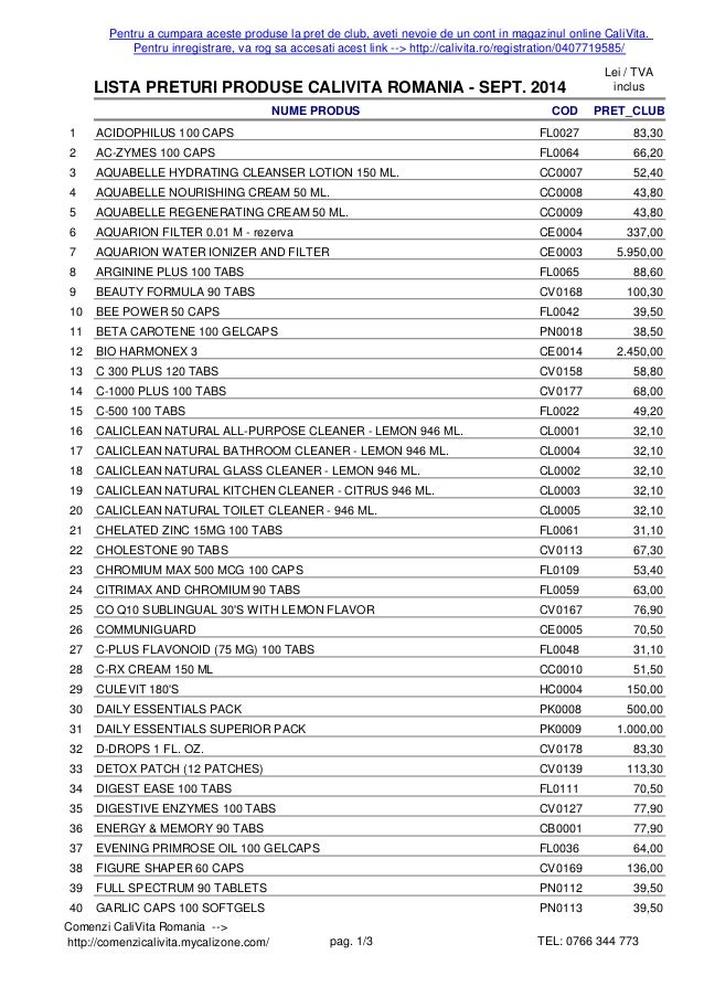 Lista preturi produse CaliVita Romania - septembrie 2014