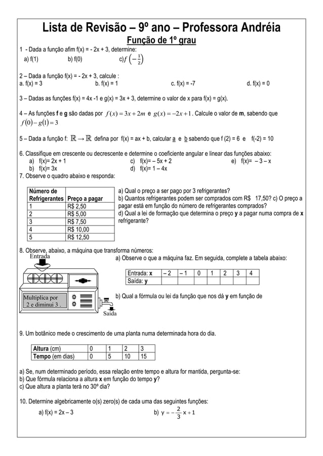 9 º Ano Função De 1º Grau E Teorema De Tales Exercícios Pdf