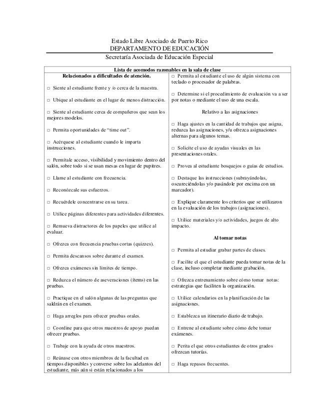 Lista de acomodos razonables educacion especial