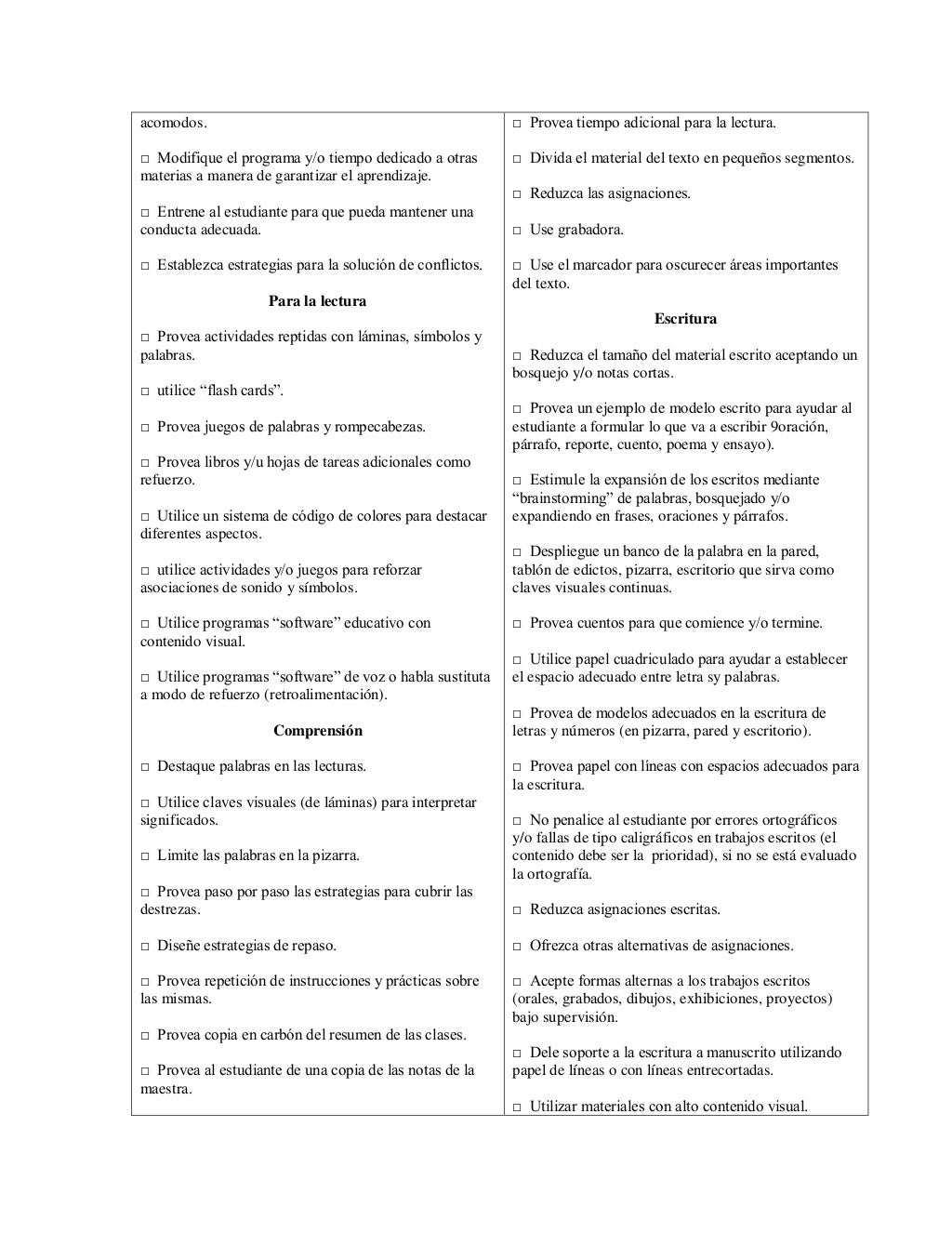Lista de acomodos razonables educacion especial