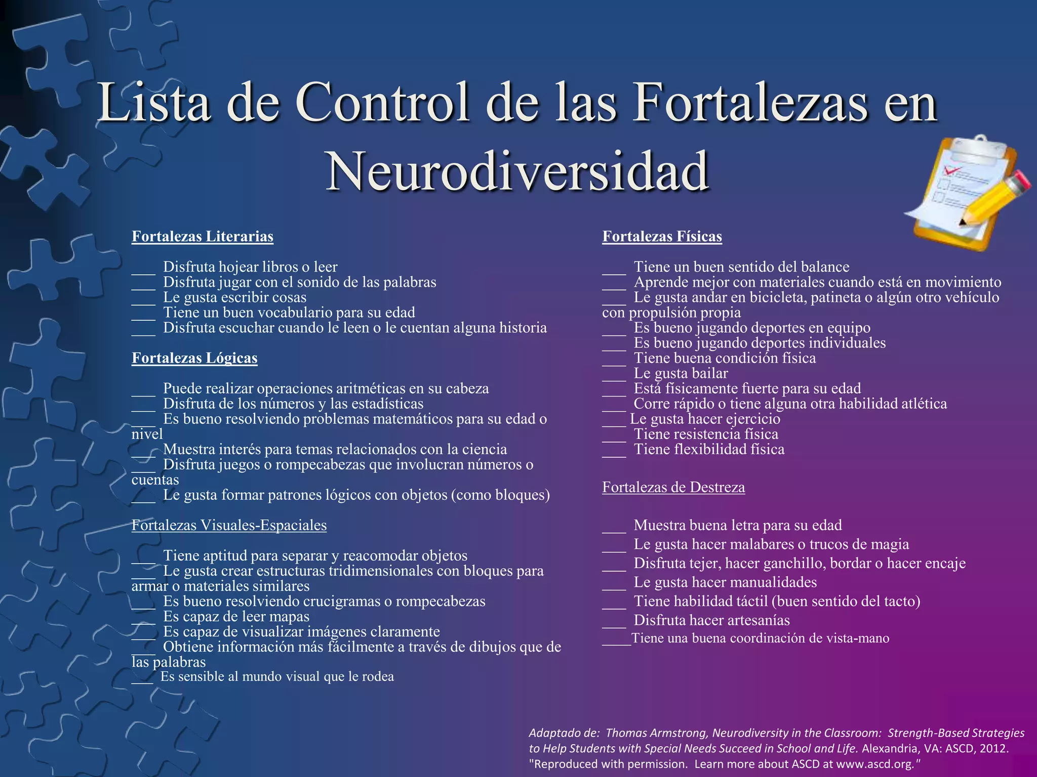 Lista de control de las fortalezas en neurodiversidad | PPTX