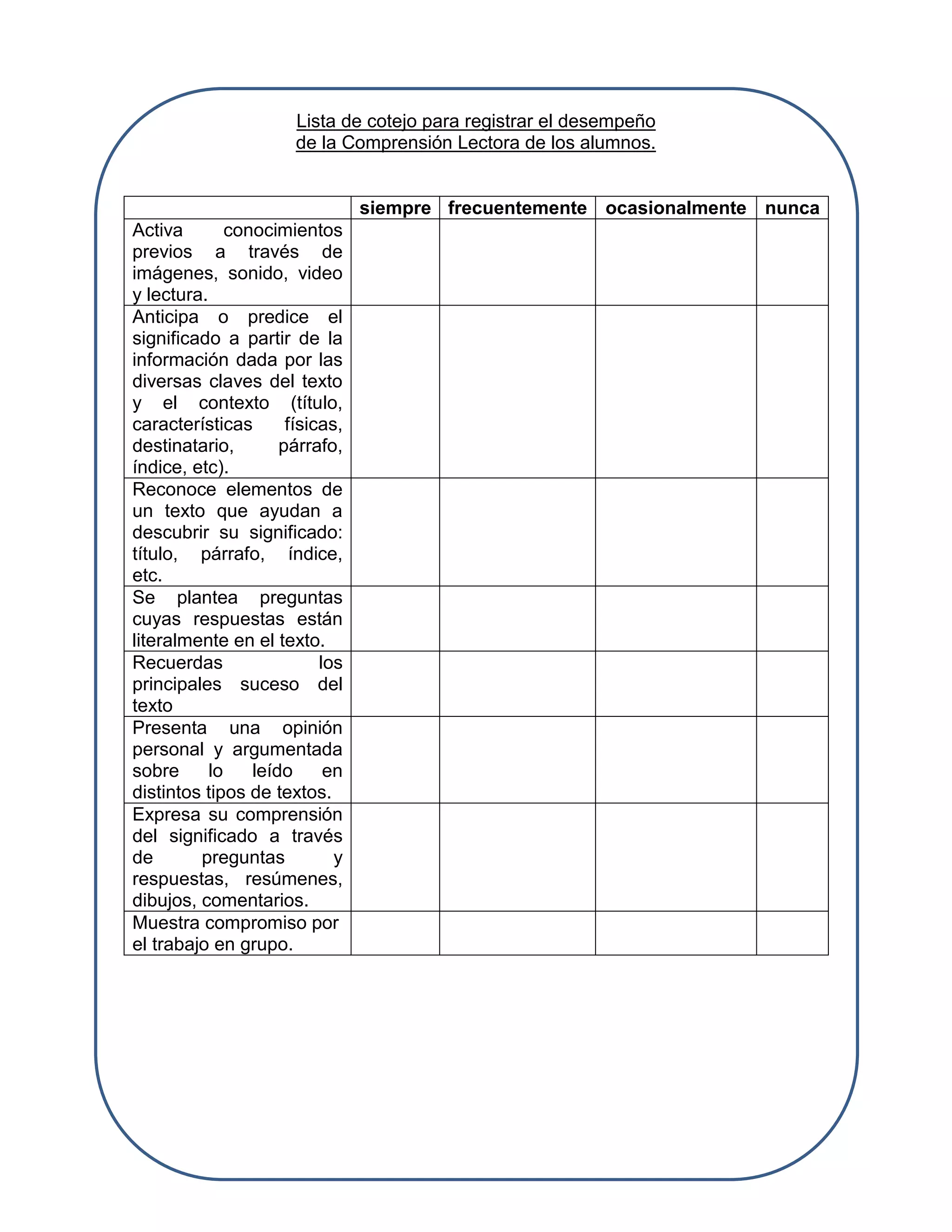 Lista de cotejo- comprensión lectora de la unidad | PDF