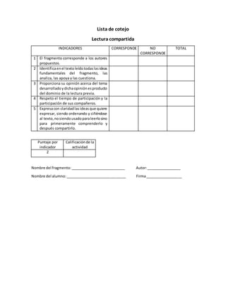 Lista de cotejo lectura compartida | DOCX