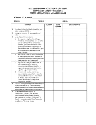Lista de cotejo para evaluación de reseña | DOCX