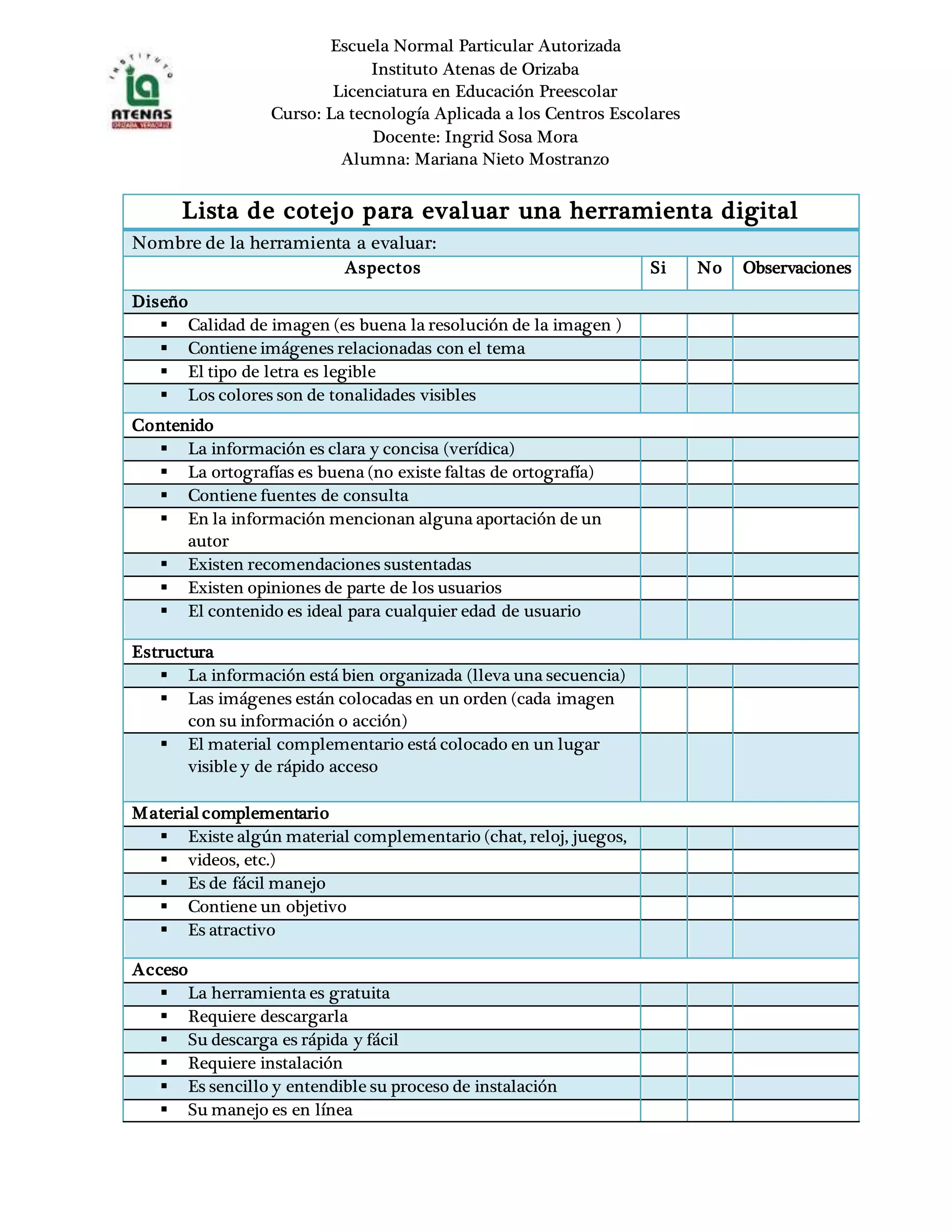 Lista de cotejo para evaluar una herramienta digital | DOCX