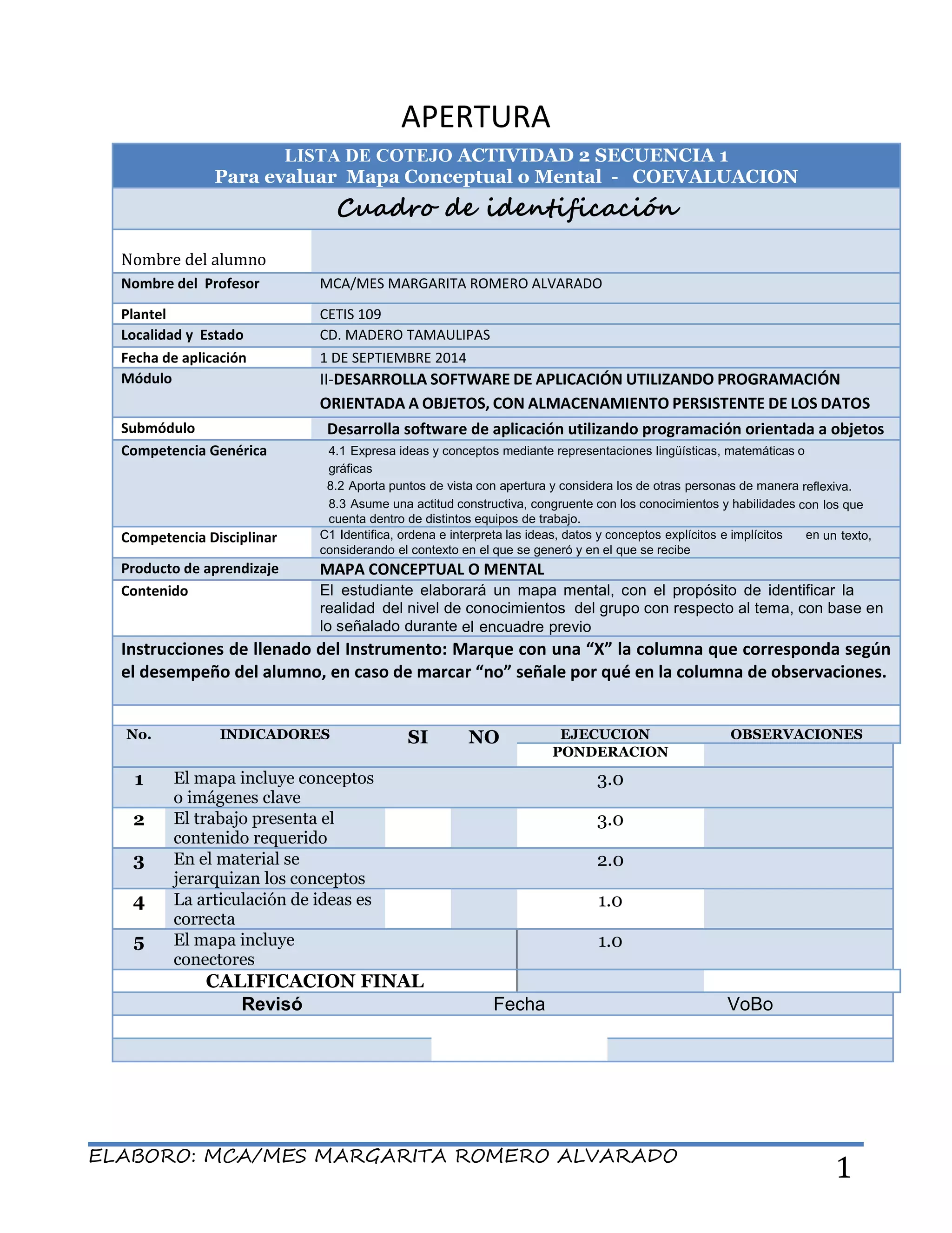 Lista de cotejo para mapa conceptual act 2 secuencia 1 | DOCX