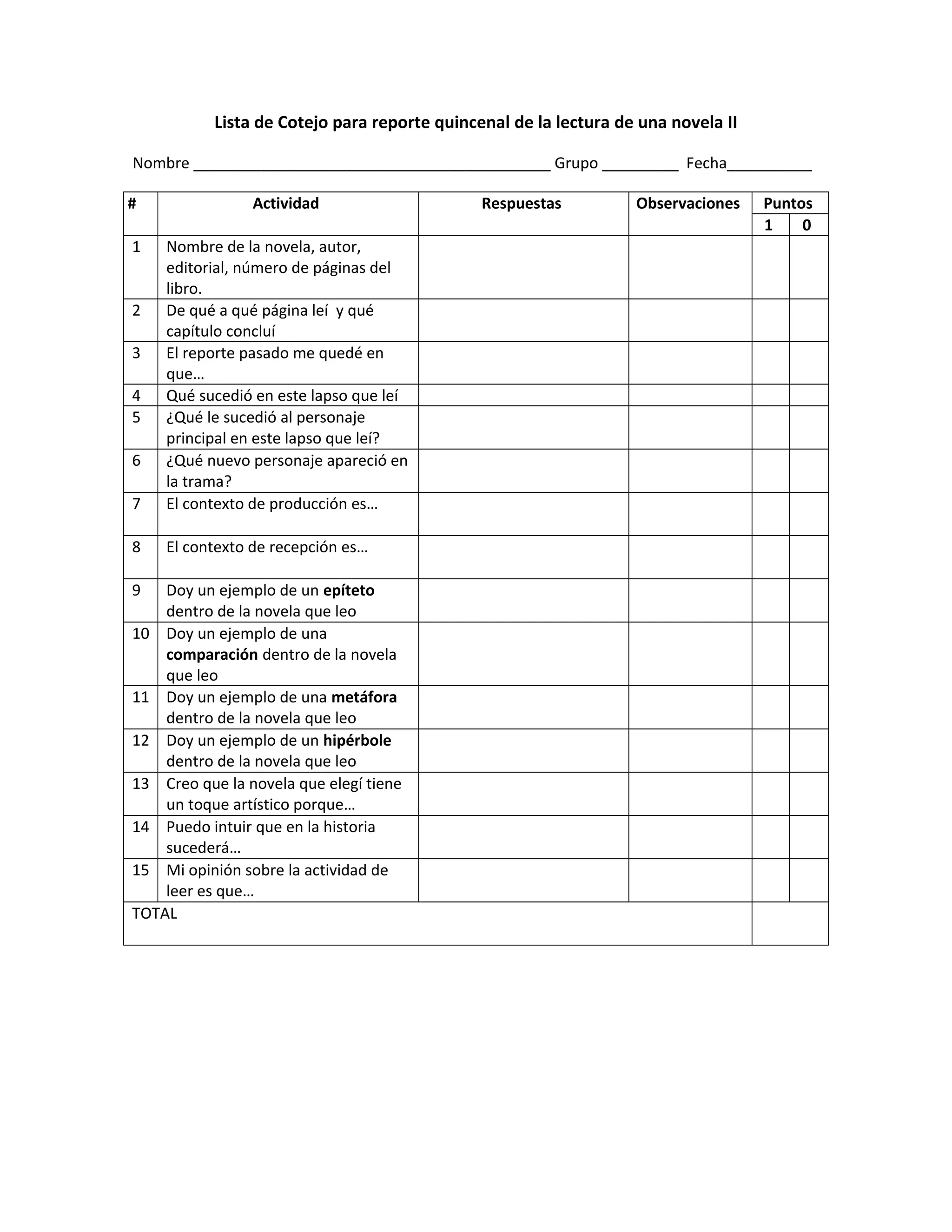 Lista de cotejo para reporte quincenal de la lectura de novela 2 | DOC
