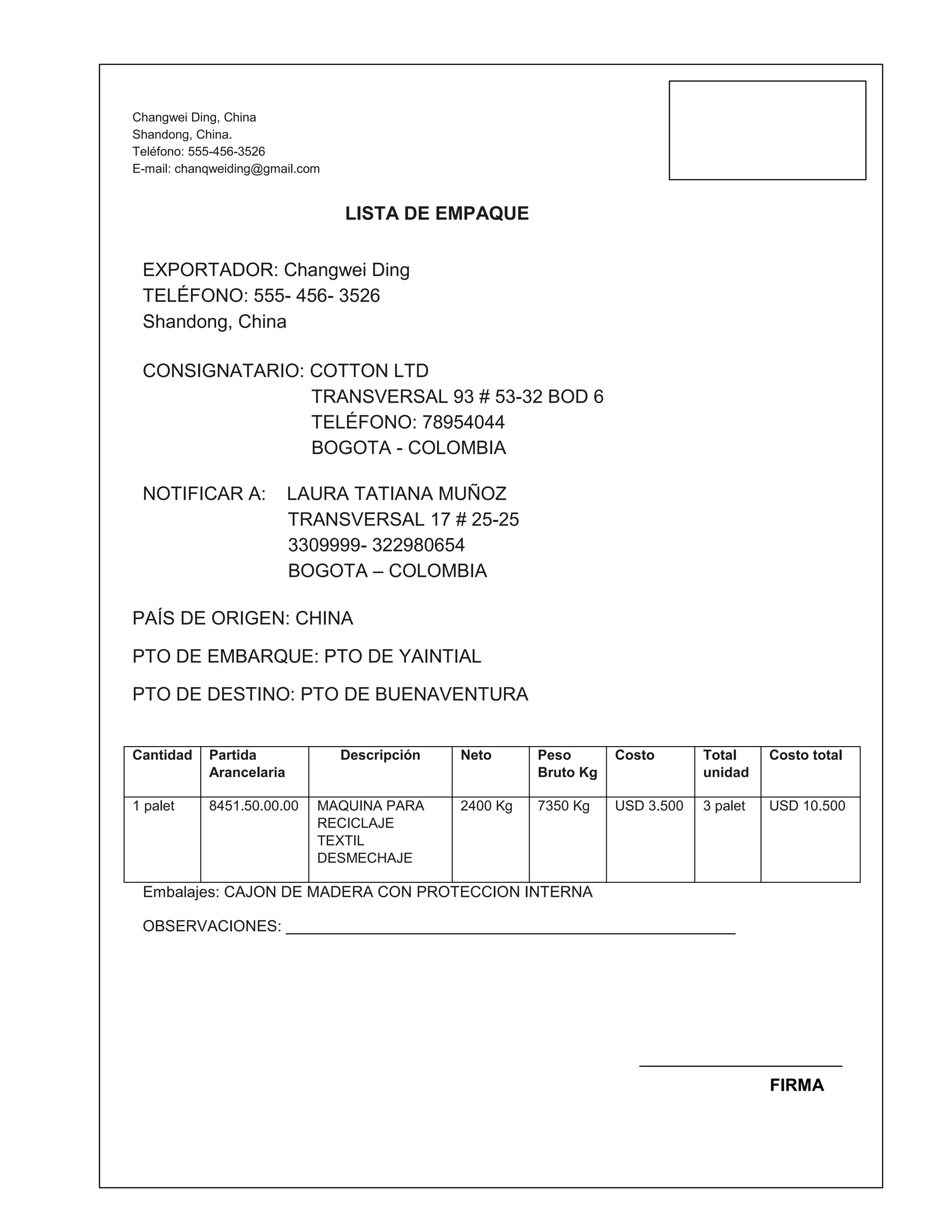 Lista de empaque | PDF