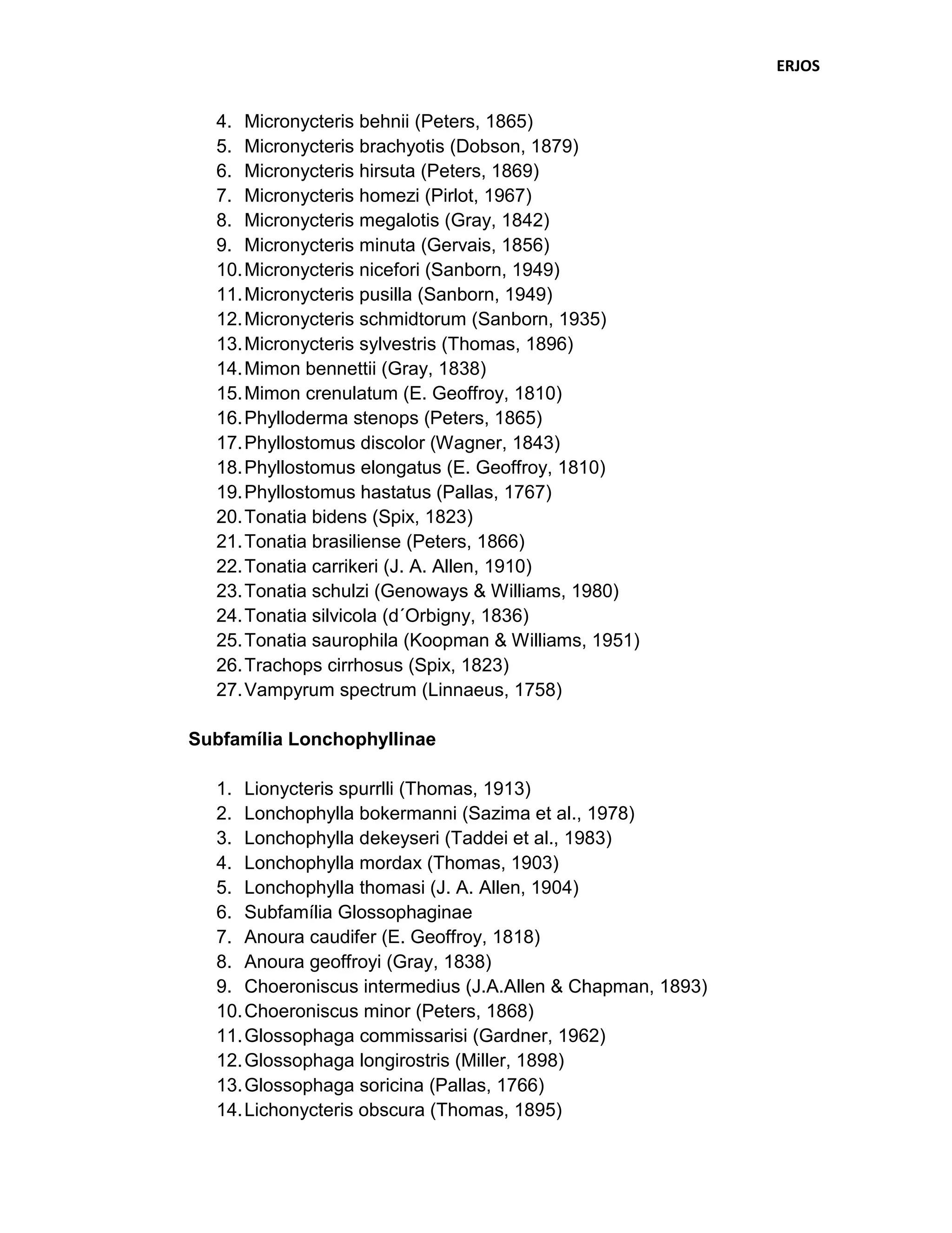 Lista de especies de los murciélagos de brasil | PDF